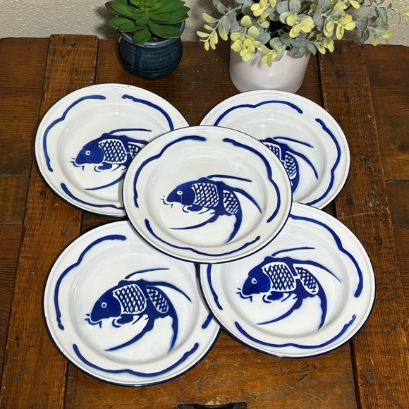 Dining | Vintage Enamelware Koi Fish Metal Plates Blue And White Set Of ...